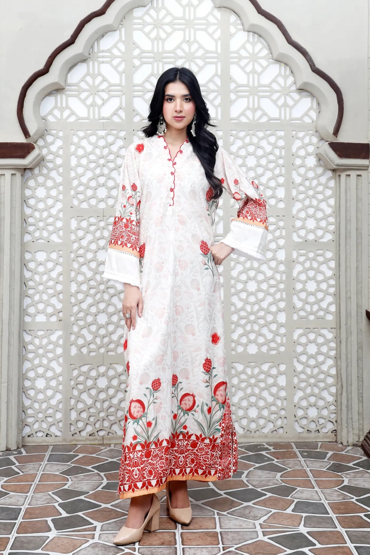 Anaar | Ivory Red Botanical Print Imported Lawn 2-Piece Kaftan - Parcus ...